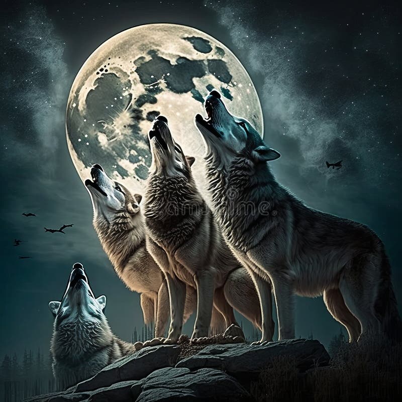 A Group of Wolf Howling Together at Dark Night Generative AI Stock ...