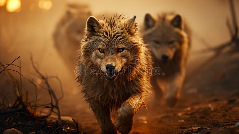 A Group of Wolfs Running through a Forest. Generative AI Image. Stock ...