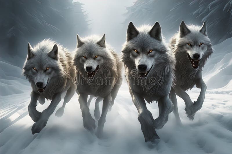 A Group of Wolfs Running in the Snow Stock Illustration - Illustration ...