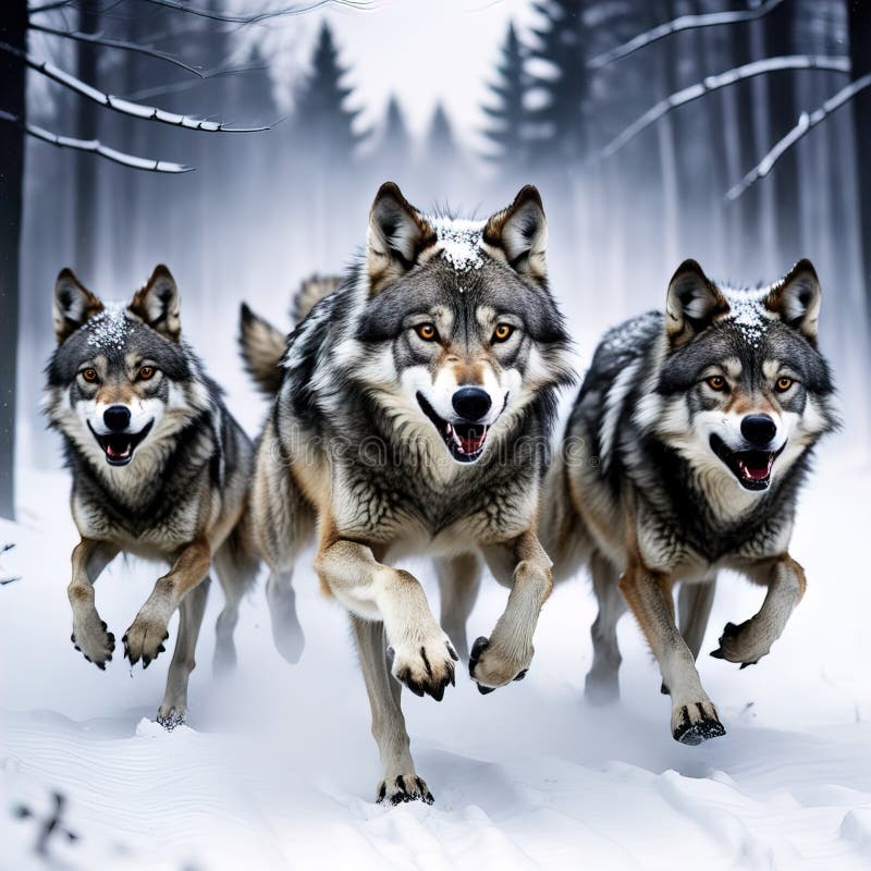 A Group of Wolfs Running in the Snow Stock Illustration - Illustration ...