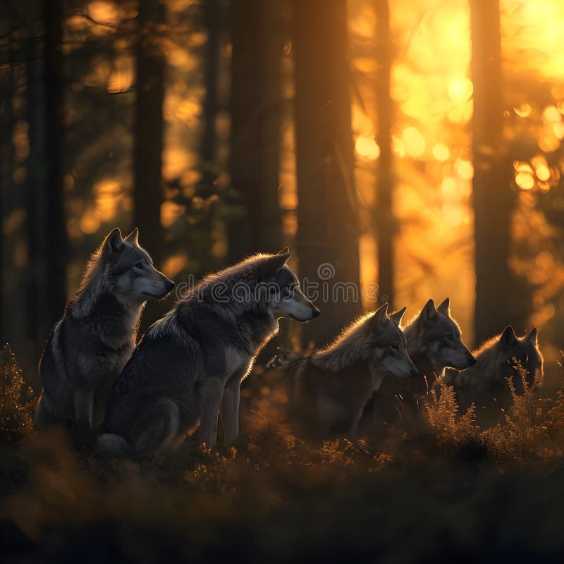 Group of Wolves in the Forest with Sunset. Stock Illustration ...
