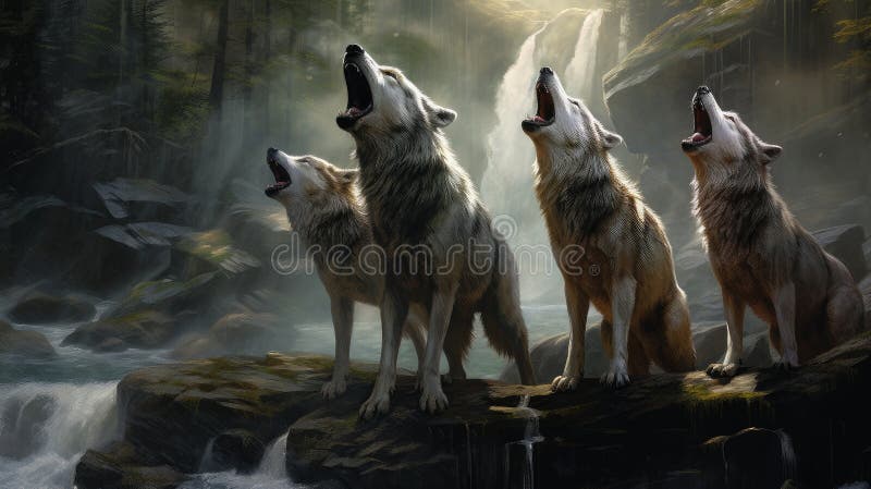 Group of Wolves Howling by a River Stock Illustration - Illustration of ...