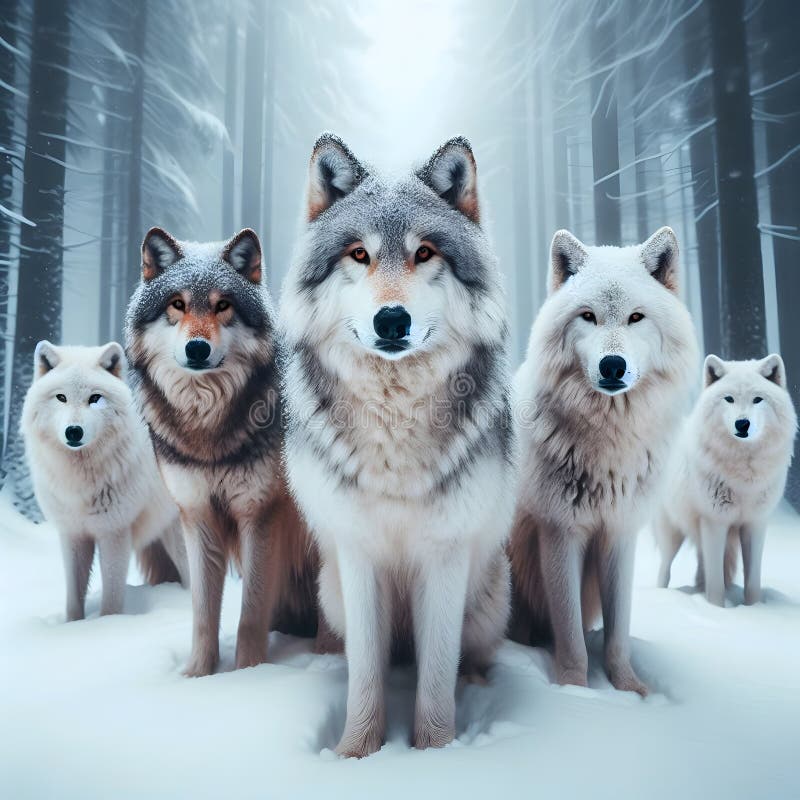 A Group of Wolves Poses in the Snow Against a Backdrop of Trees. Stock ...