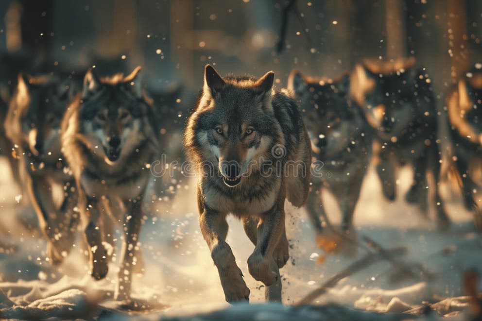 Group of Wolves Running on a Snowy Path, AI-generated. Stock Image ...