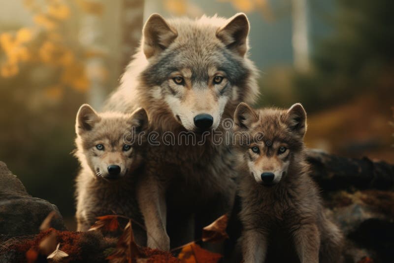 A Group of Wolves Standing on a Pile of Leaves, Natural Habitat Scene ...