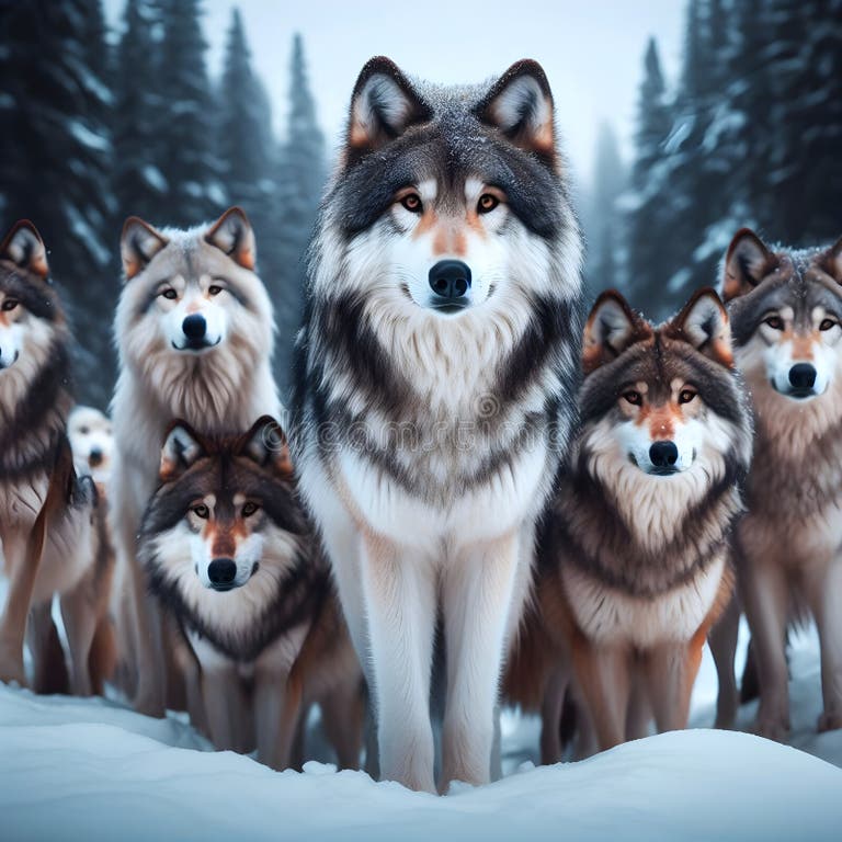 A Group of Wolves Standing in the Snow with Trees in the Background ...