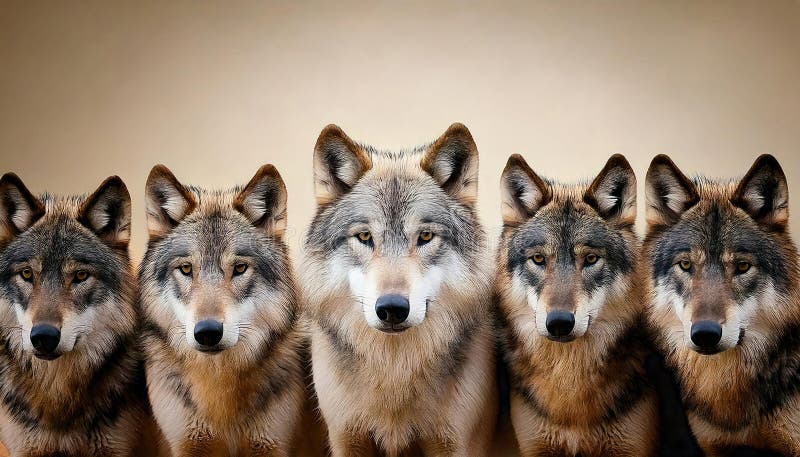 Group of Wolves Standing Together in a Forest at Sunset Near a Mountain ...