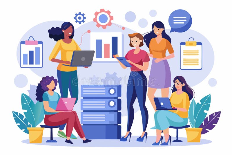 A Group of Women is Busy Uploading and Analyzing Data Using Laptops in ...