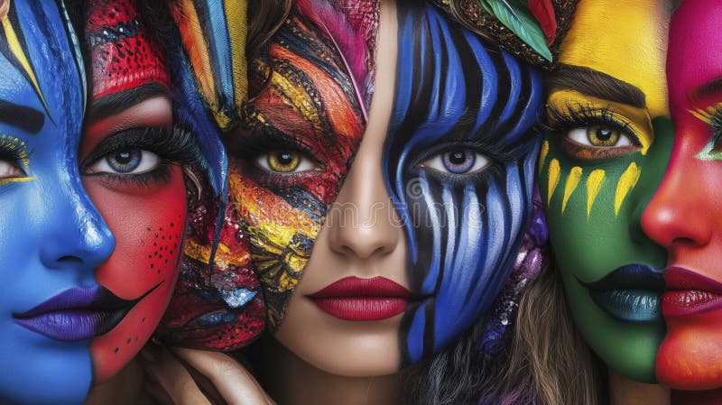 A Group of Women with Colorful Face Paint Stock Illustration ...