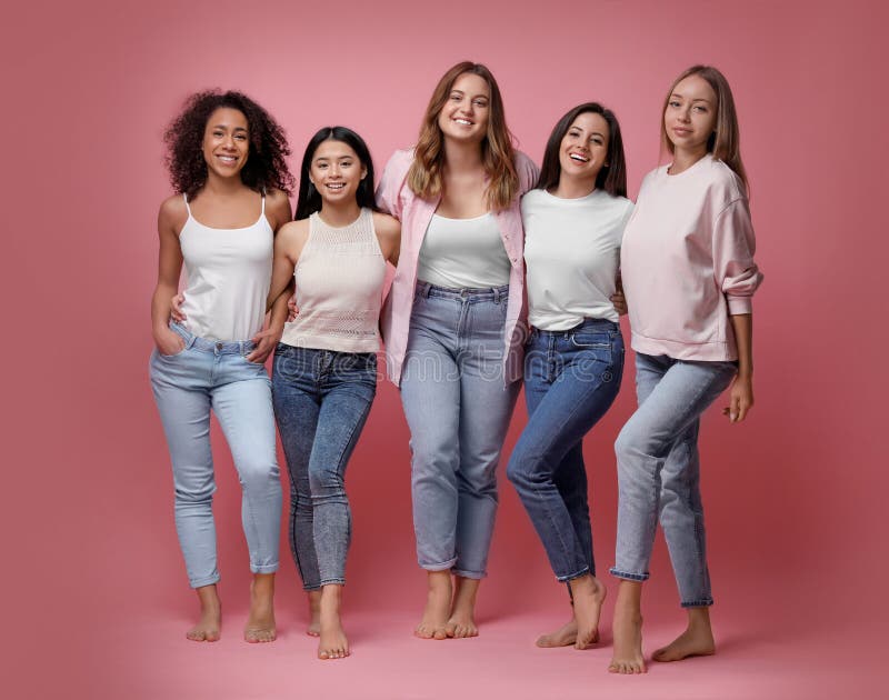 Group of Women with Different Body Types in Jeans and Underwear on Sofa ...