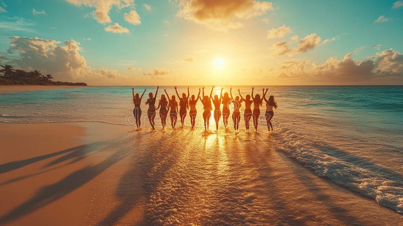 Group of Women Enjoying a Sunset Beach Run Stock Illustration ...