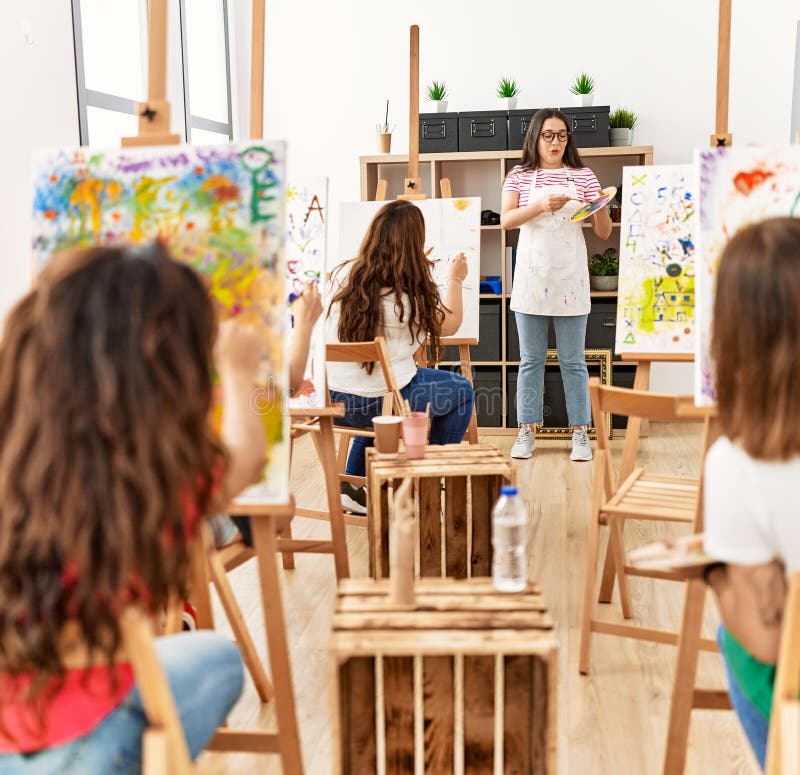 Group of Women Having Paint Class at Art Studio Stock Image - Image of ...