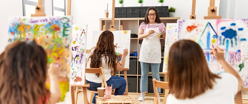 Group of Women Having Paint Class at Art Studio Stock Image - Image of ...