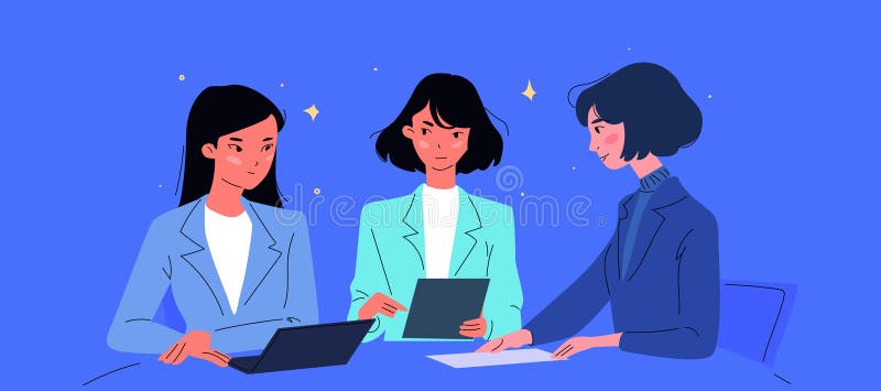 A Group of Women in an Office Meeting. Three Young Girls of Different ...