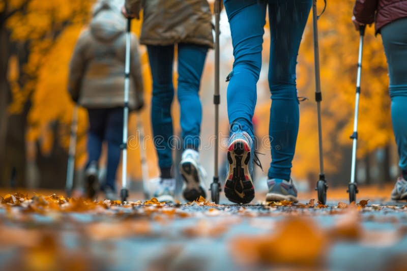 A Group of Women Pole-walking in the Park of a City in Autumn Stock ...