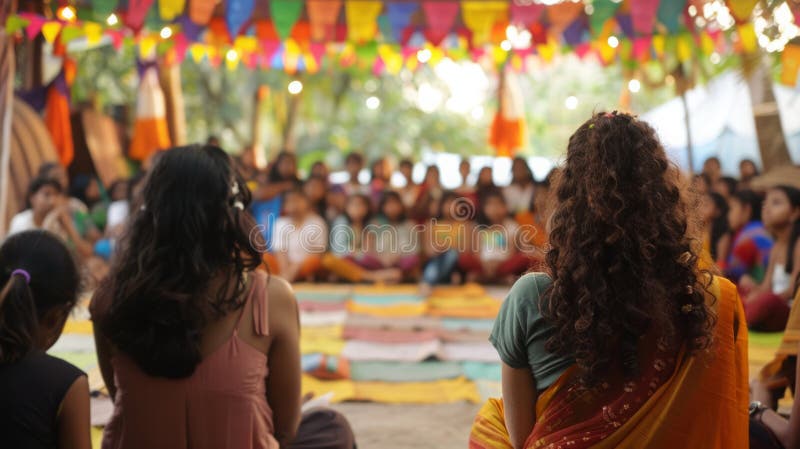 Group of Women Sitting in Front of a Crowd Stock Illustration ...