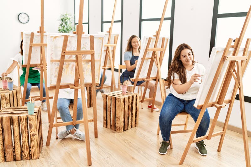 Group of Women Smiling Happy Drawing at Art Studio Stock Image - Image ...