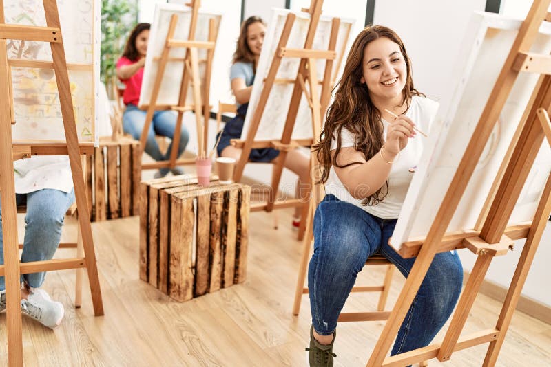 Group of Women Smiling Happy Drawing at Art Studio Stock Image - Image ...
