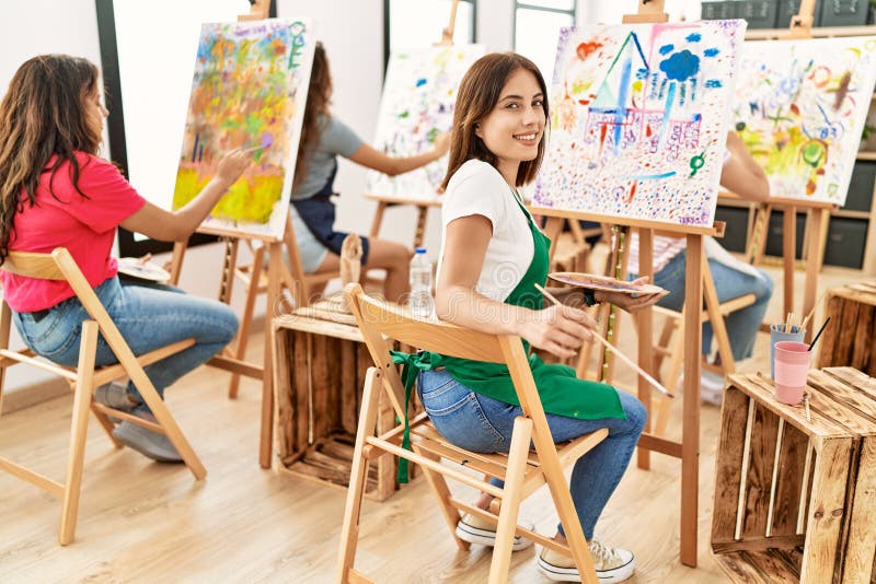 Group of Women Smiling Happy Drawing at Art Studio Stock Image - Image ...