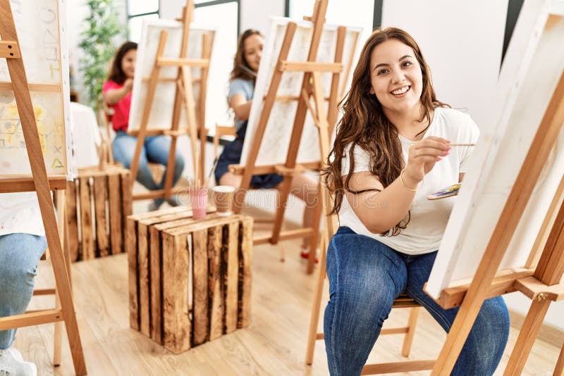 Group of Women Smiling Happy Drawing at Art Studio Stock Photo - Image ...