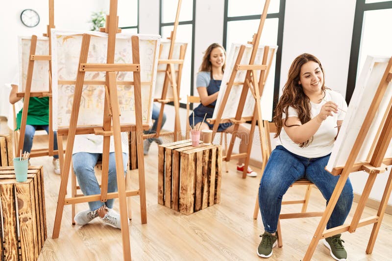 Group of Women Smiling Happy Drawing at Art Studio Stock Photo - Image ...