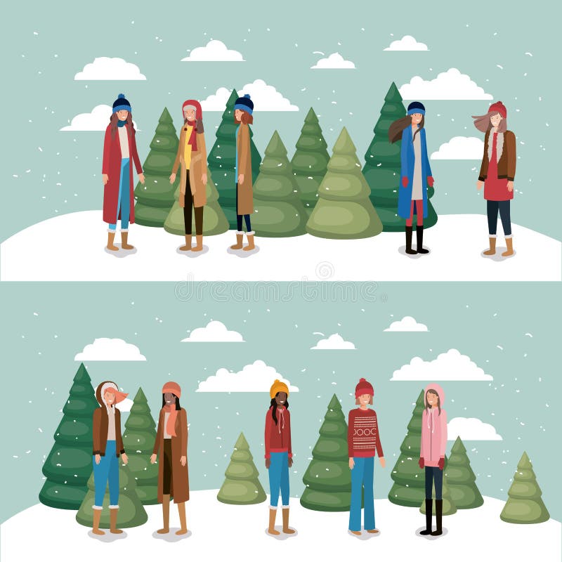 Group of Women in Snowscape with Winter Clothes Stock Vector ...