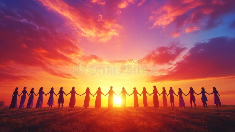 A Group of Women Stand in a Circle, Holding Hands at Sunset Stock ...