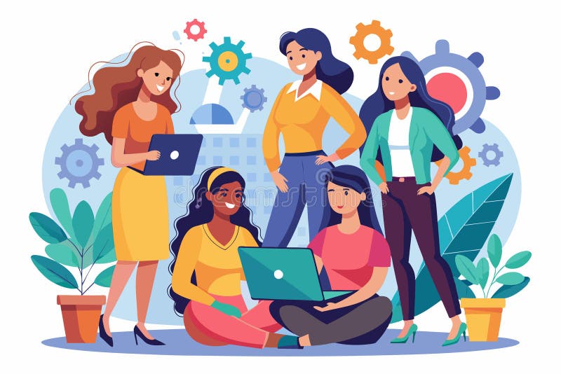 A Group of Women Work Together in a Bright, Modern Workspace, Utilizing ...