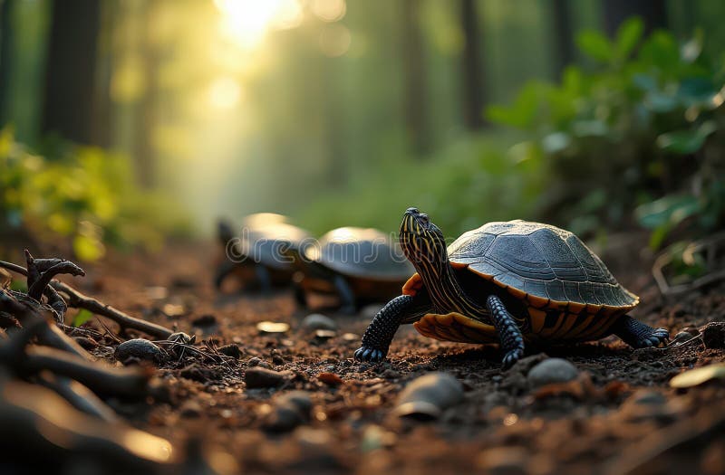 A Group of Wood Turtles Moving Slowly Along a Root-covered Trail in the ...