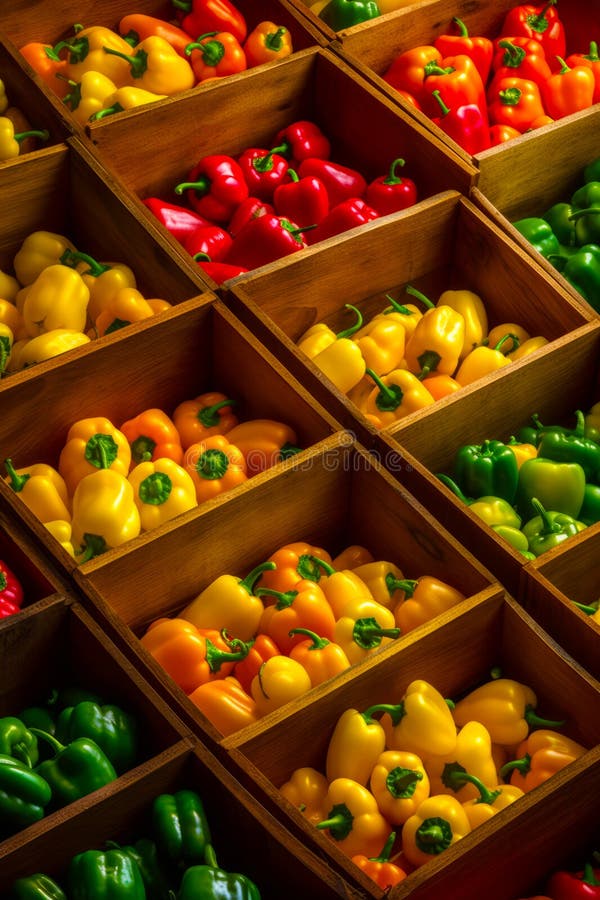 Group of Wooden Boxes Filled with Lots of Different Types of Peppers in ...