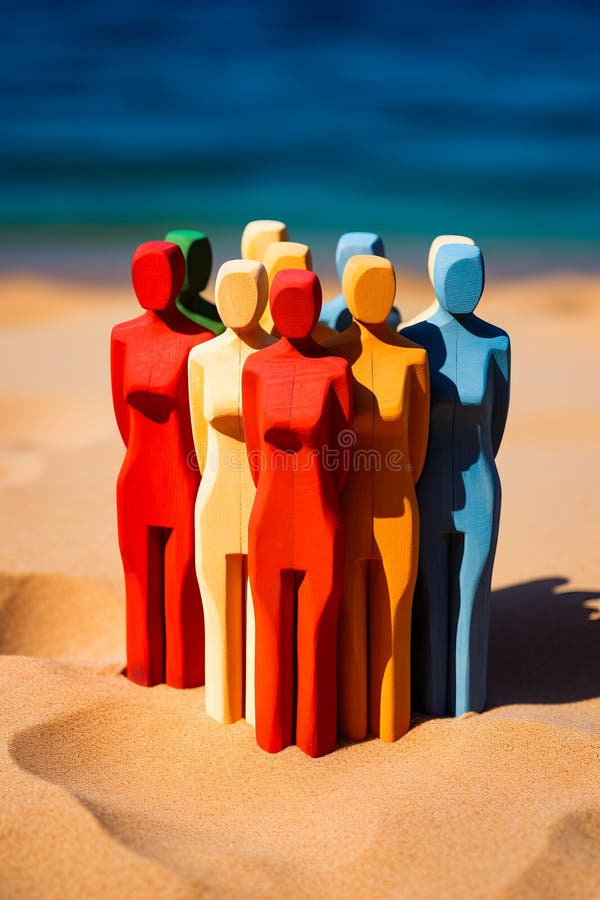 Group of Wooden Figures Standing on Beach Sand Dune. Generative AI ...
