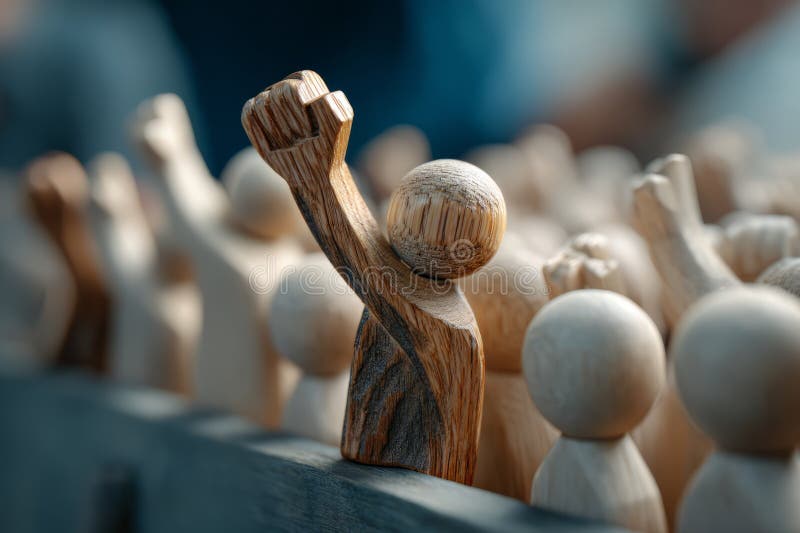 Group of Wooden Figurines with One Raised Hand Symbolizing Unity and ...