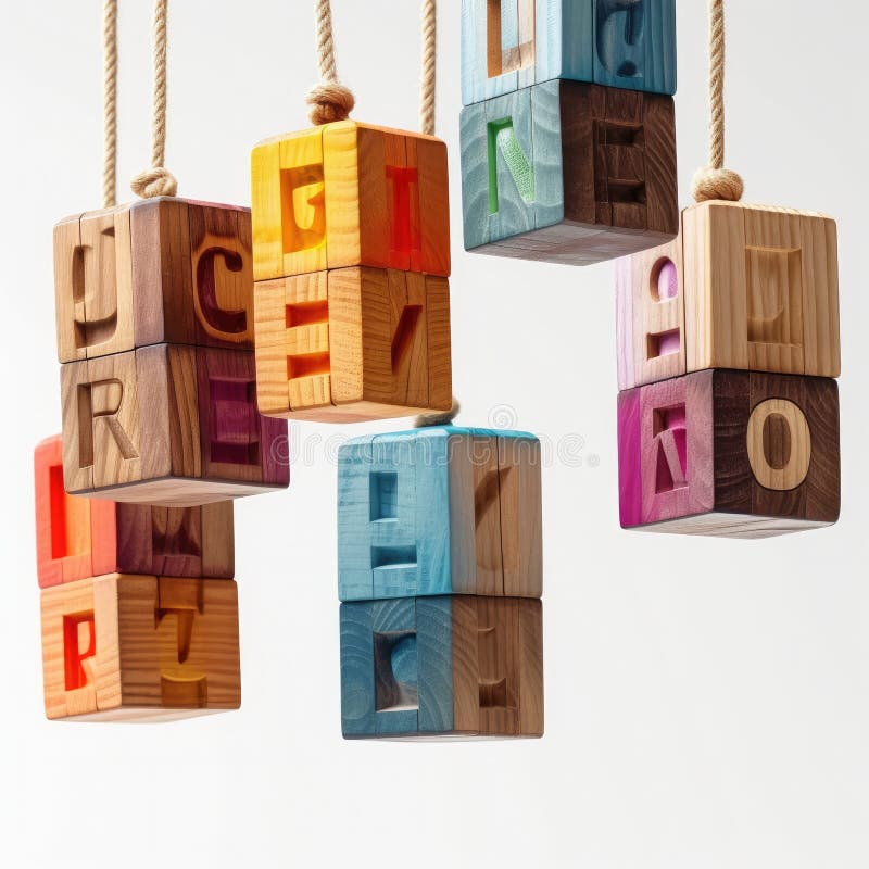 Group of Wooden Letters Suspended from Ceiling by Strings. these ...