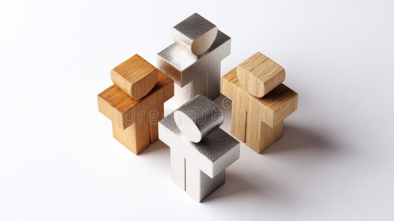 Group of Wooden and Metallic Figures Representing Teamwork and Unity ...