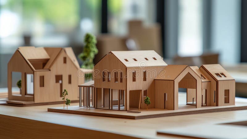 A Group of Wooden Model Houses on a Table Stock Illustration ...