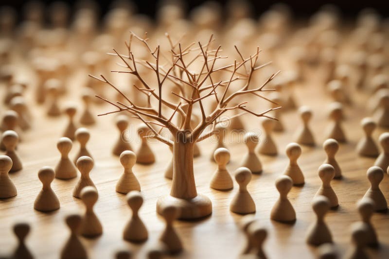 A Group of Wooden Peg Dolls Gathered Around a Tree in the Middle Stock ...