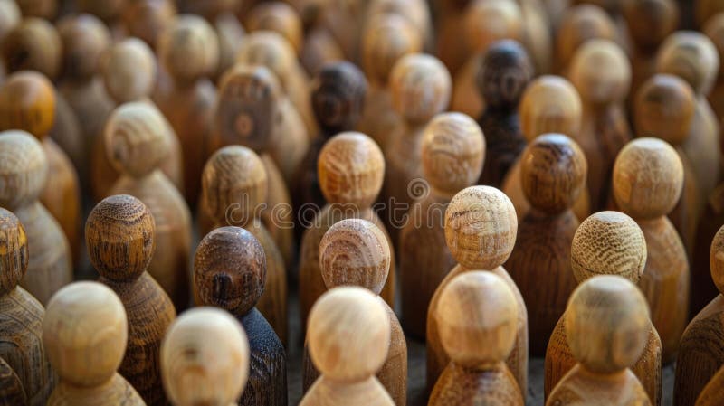 A Group of Wooden People Standing in a Row with Their Heads Facing the ...