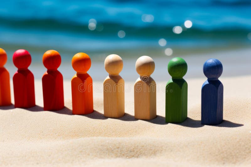Group of Wooden People Standing in the Sand on the Beach. Generative AI ...
