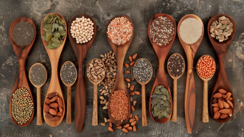 A Group of Wooden Spoons Filled with Different Types and Sizes of Seeds ... A Group of Wooden Spoons Filled with Different Types and Sizes of Seeds ...