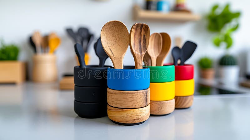 A Group of Wooden Spoons Sitting on Top of a Kitchen Counter Stock ...