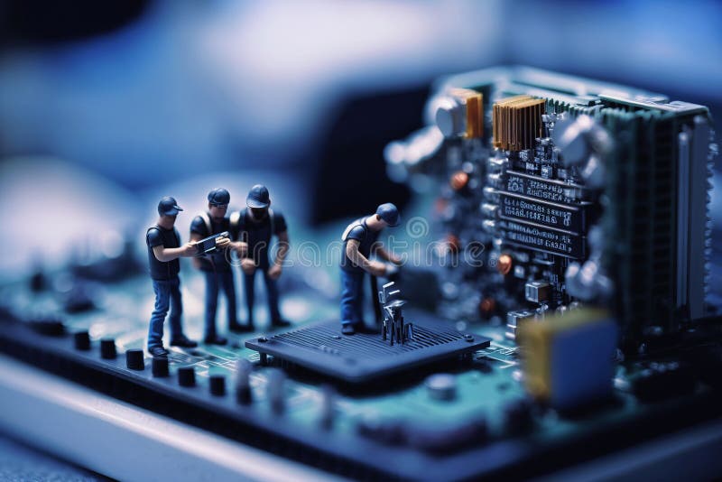 Group of Worker Figurine Doing Maintenance on a Computer Motherboard ...