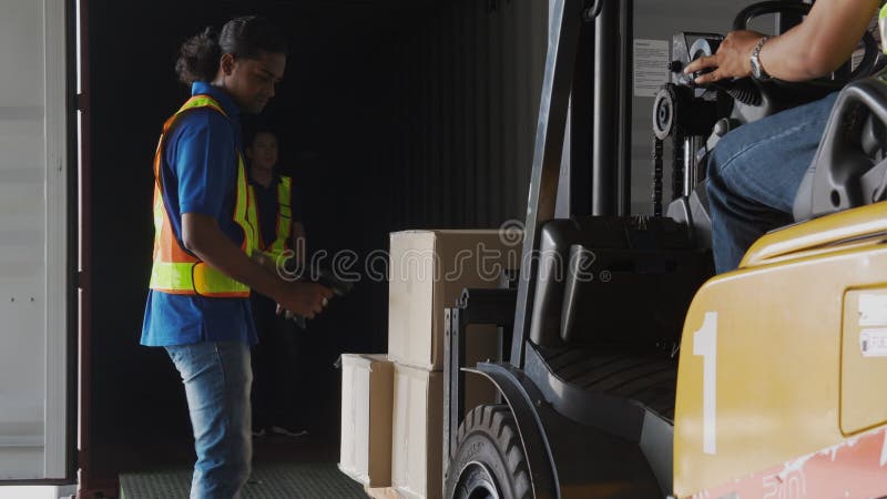 Group Worker and Man Driving Forklift Lift Box or Packaging for Transportation and Distribution ...