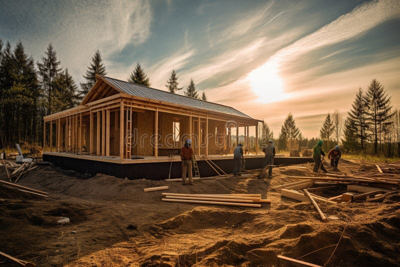 Group of Workers Building a Modern Cottage, Showcasing the Construction ...