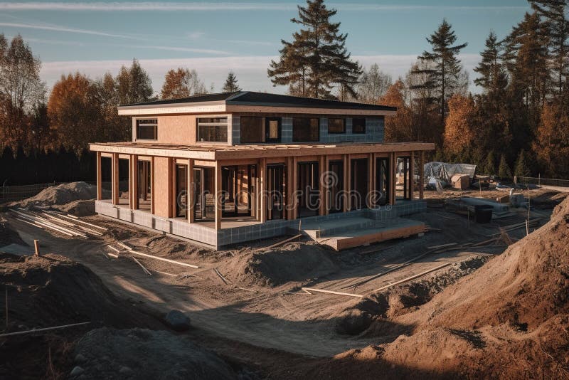 Group of Workers Building a Modern Cottage, Showcasing the Construction ...