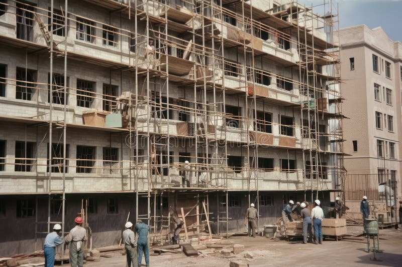 Group of Workers, Building New Section of Hospital, with Scaffolding in ...