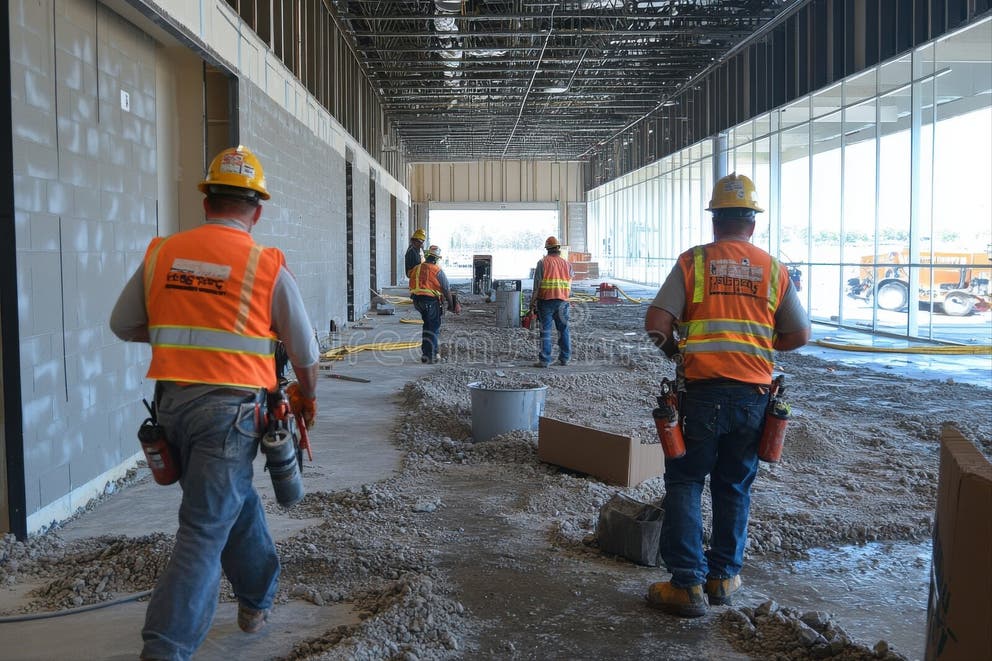 Construction Workers Progressing through New Building Site City Industry Indoor Eye-level ...