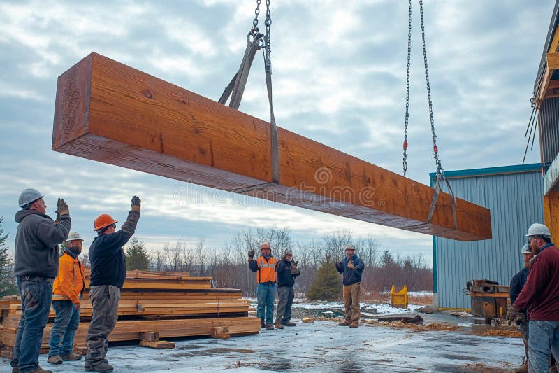 Men Working Together To Lift a Massive Wooden Beam at a Construction ...