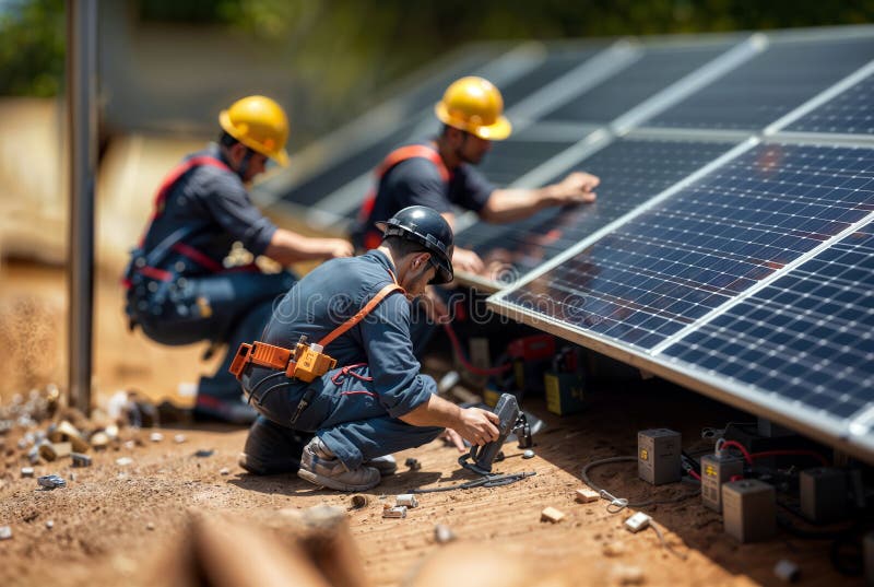 Group of Workers Installing Solar Panels on the Roof of a Building ...
