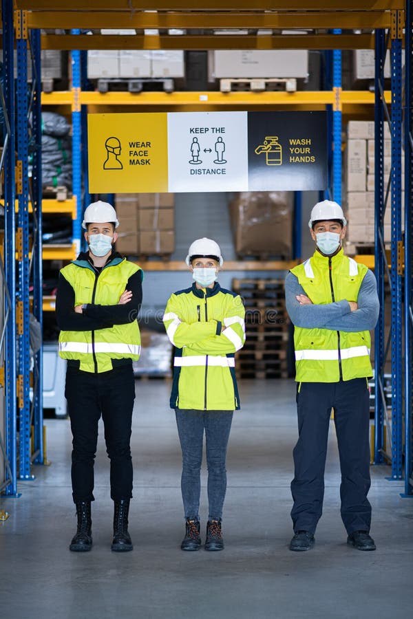 Group of Workers with Face Mask Standing in Warehouse, Coronavirus ...