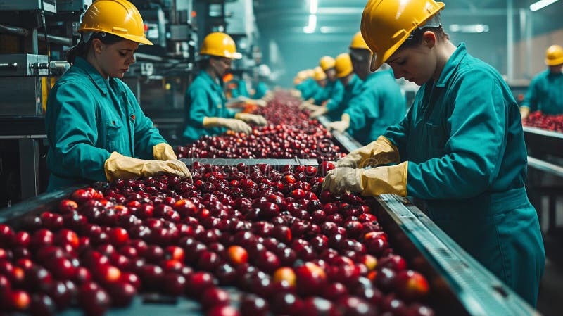 Factory Workers Sorting Red Fruit Conveyor Belt Food Production Line ...